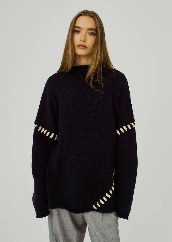 Norr navy blue Strings oversized knit sweater contrast stitch | Pipe ...